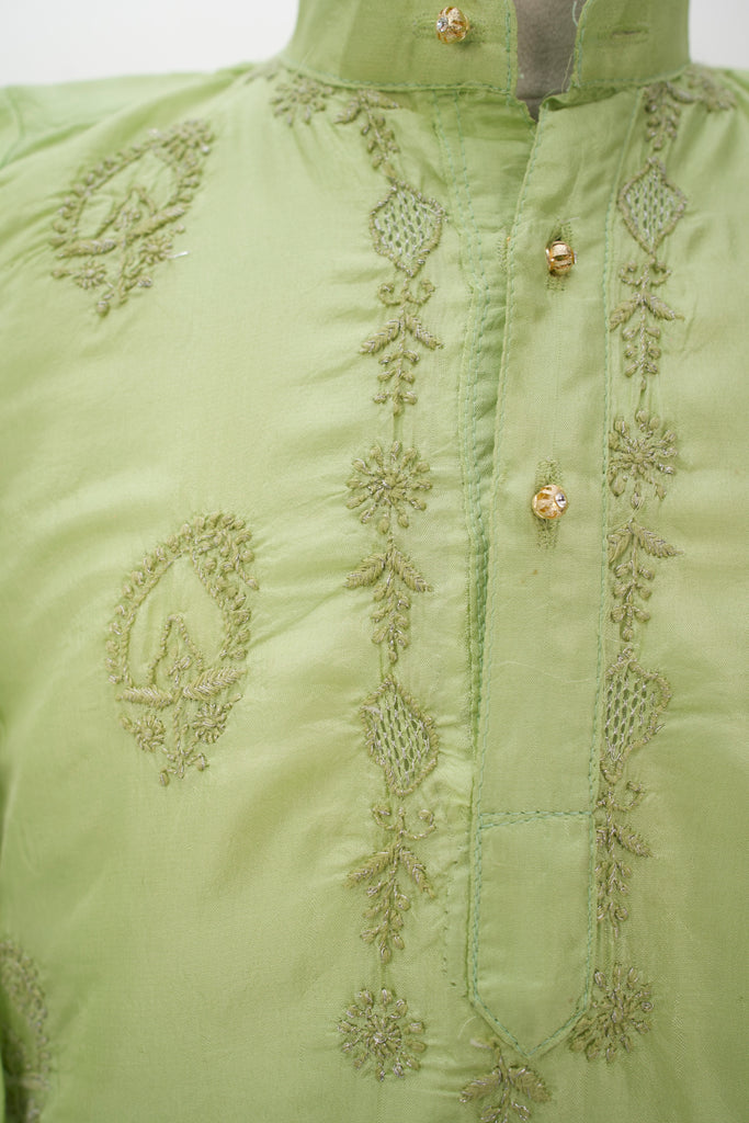Chikan Hand Embroidered Green Silk Kurta With Silver Kasab Jaali – Baro ...